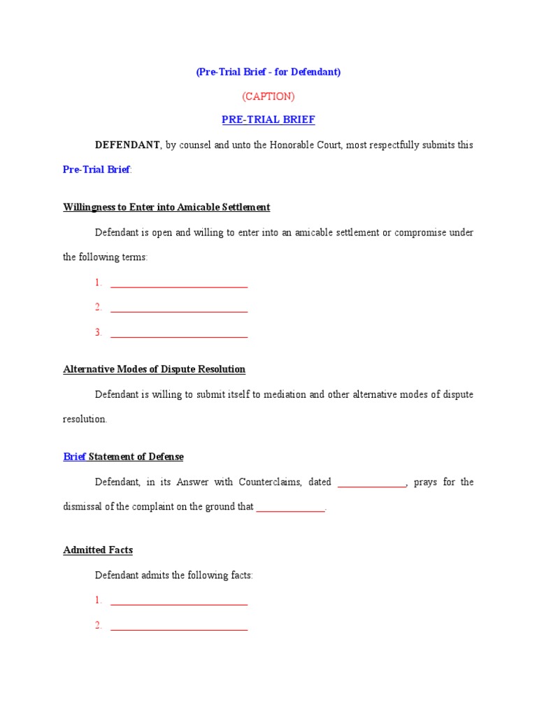 Pre Trial Brief For Defendant | PDF | Law