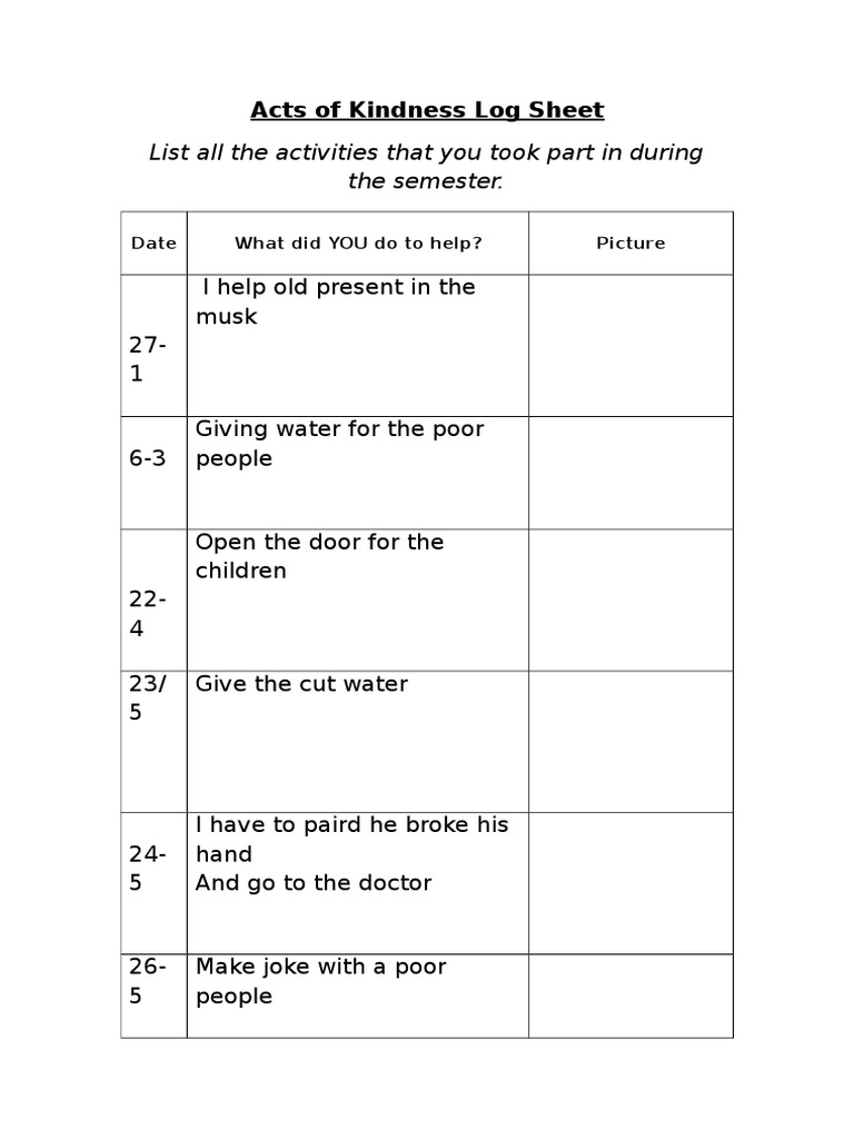 Acts of Kindness Log Sheet | PDF | Cooking, Food & Wine