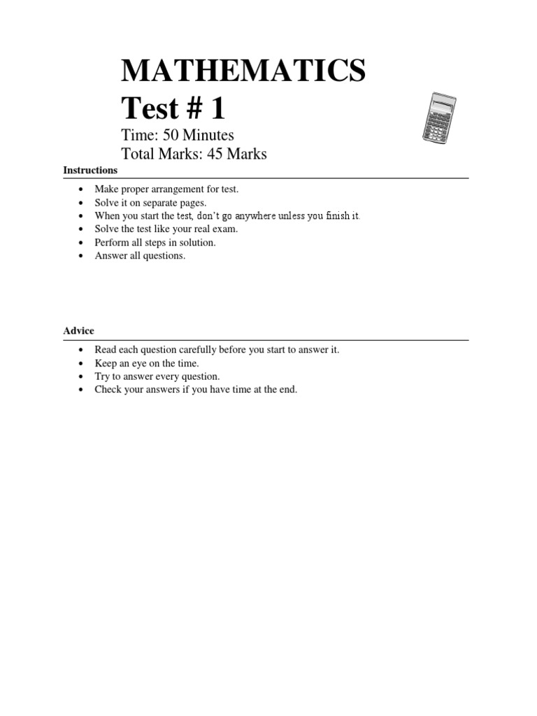 Mathematics Test # 1: Time: 50 Minutes Total Marks: 45 Marks | PDF ...