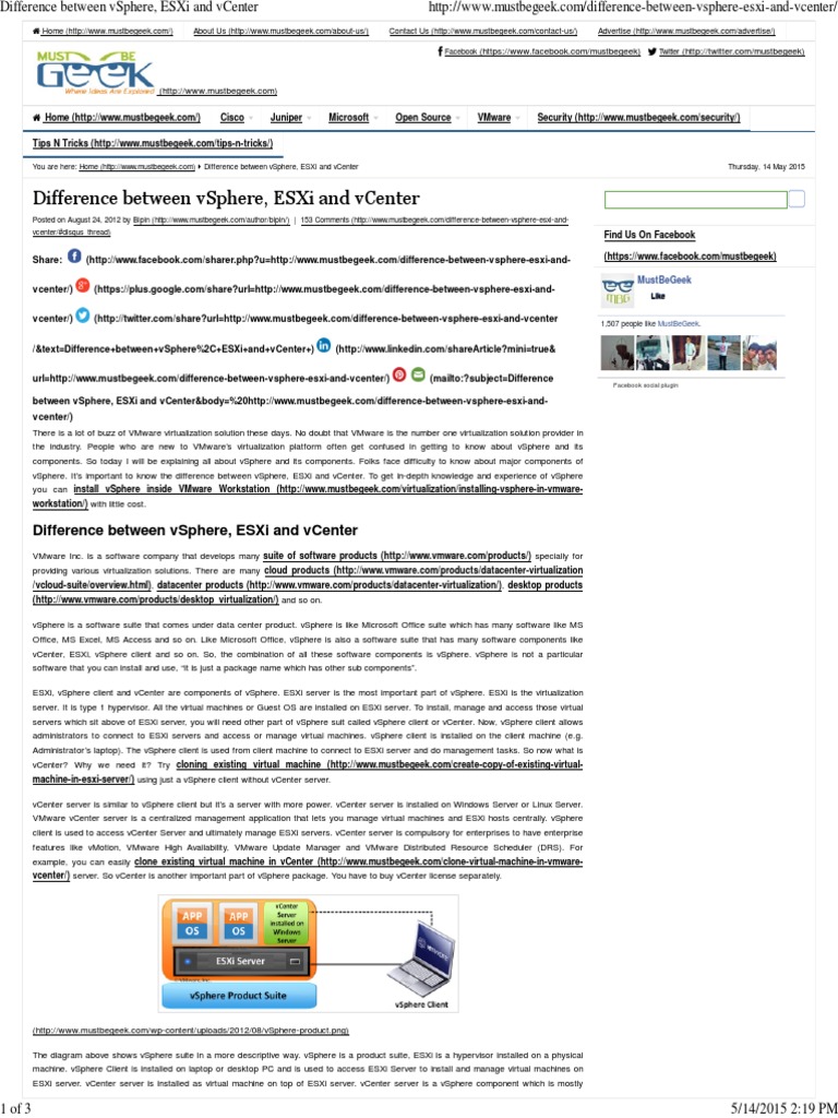 Difference Between Vsphere, ESXi and Vcenter PDF | PDF | Virtual ...