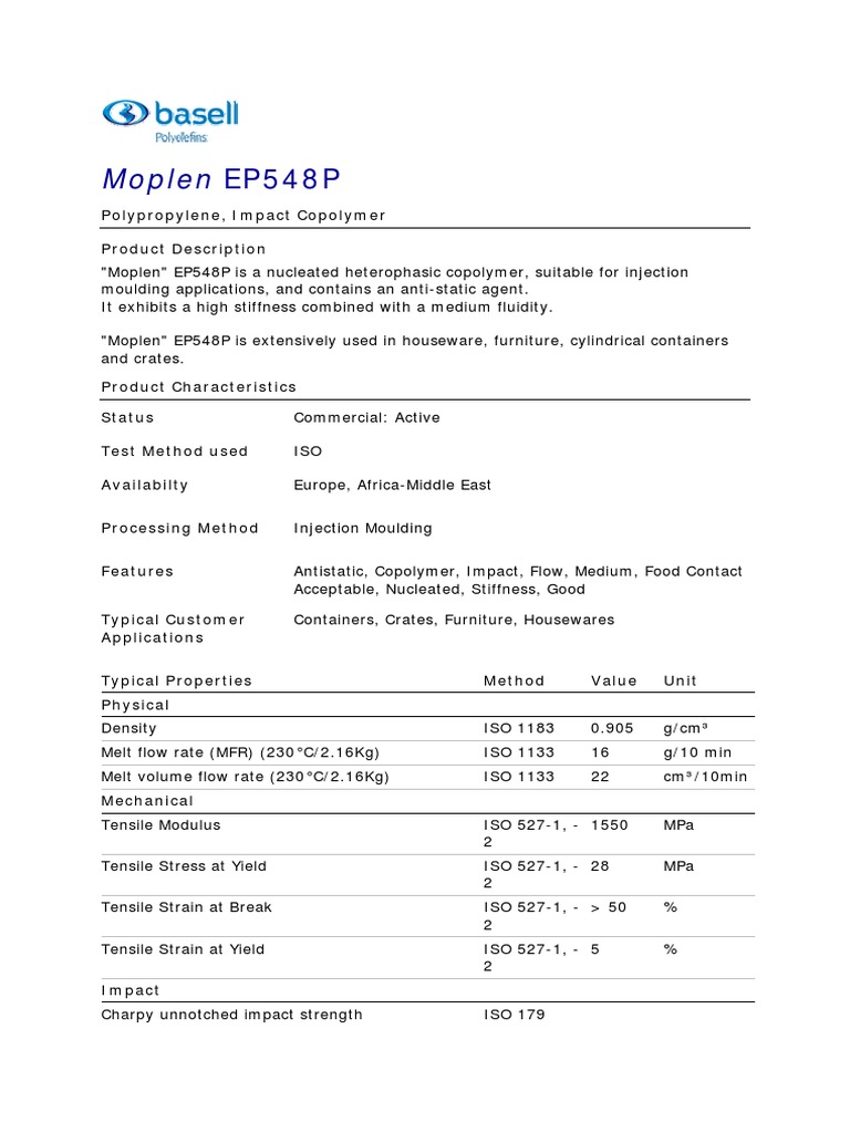 Moplen EP548P: Polypropylene, Impact Copolymer Product Description | PDF