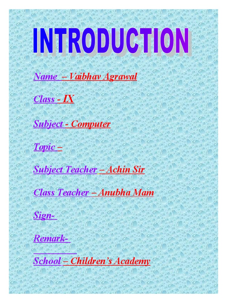 Name Class Subject Topic Subject Teacher Class Teacher Sign-Remark ...