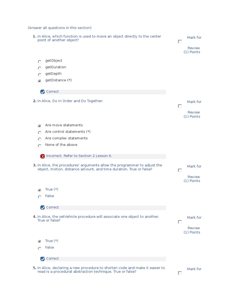 Alice & Greenfoot Programming Quiz | PDF | Method (Computer Programming) | Class (Computer ...