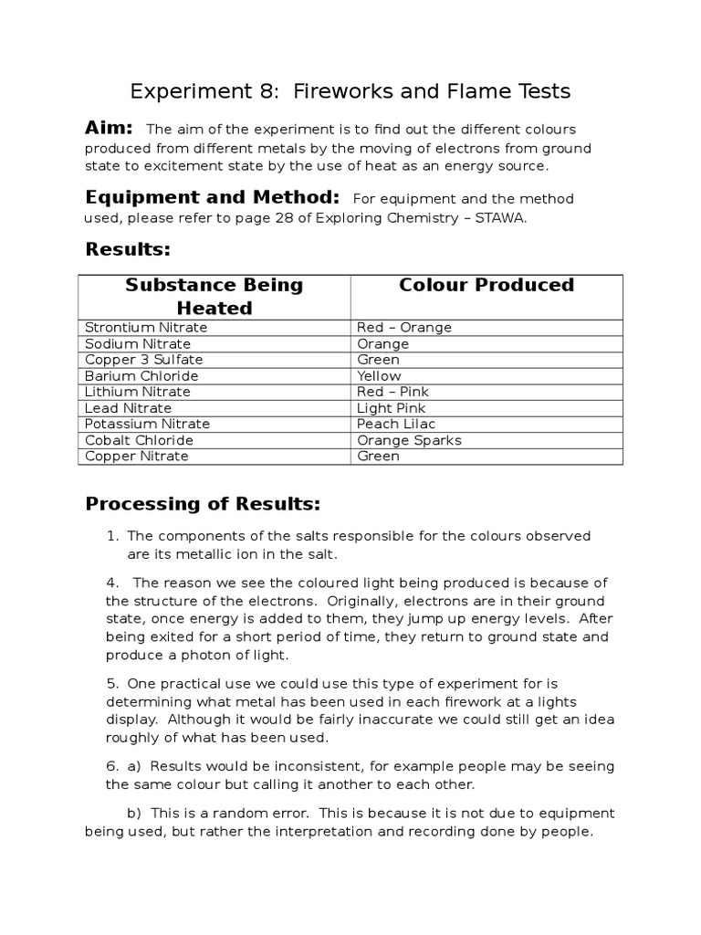 Experiment 8: Fireworks and Flame Tests | PDF | Emission Spectrum | Color