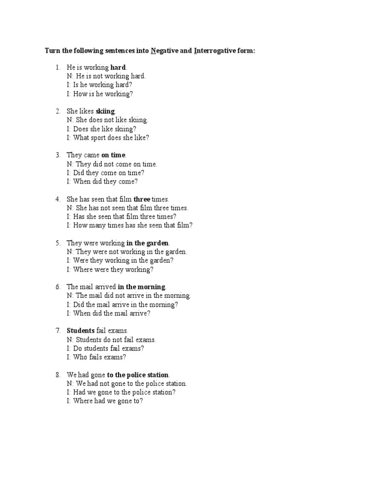 Negative and Interrogative Sentence Worksheet | PDF