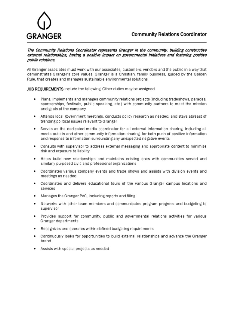 Community Relations Coordinator Role | PDF | Public Relations | Information
