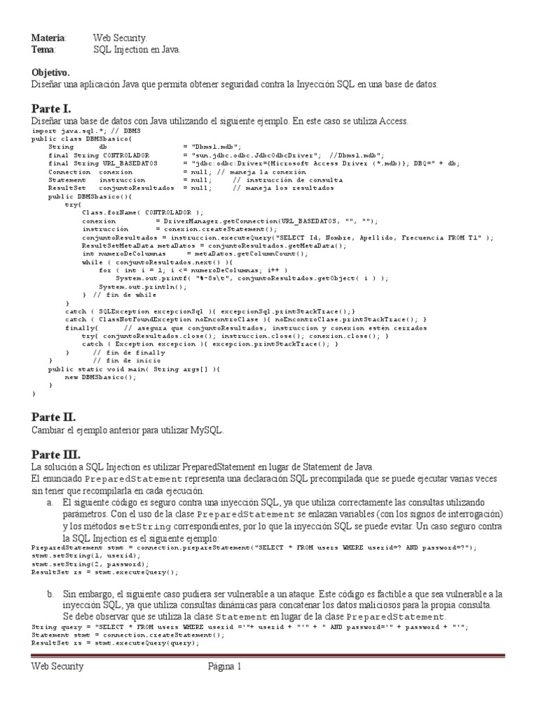 WebSec Java SQL-Injection 1 | PDF | SQL | Gestión de datos WebSec Java SQL-Injection 1 | PDF | SQL | Gestión de datos