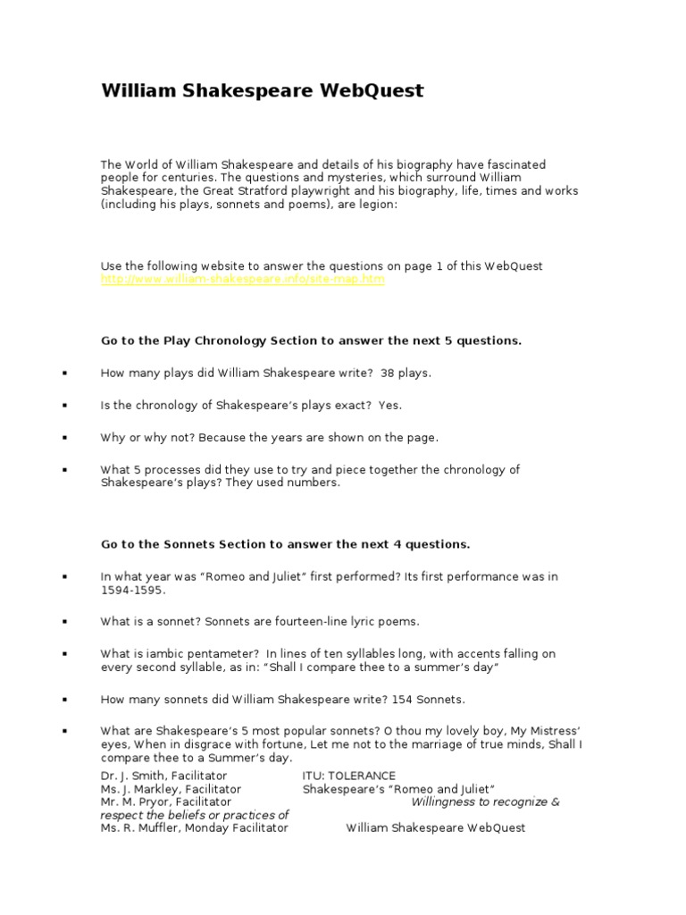 William Shakespeare WebQuest | PDF | William Shakespeare | Sonnets