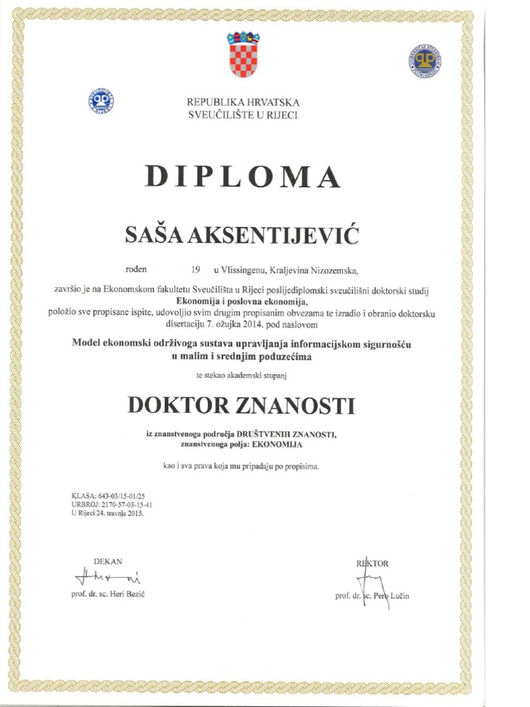 Diploma Doktora Znanosti Dr. Sc. Saša Aksentijević | PDF