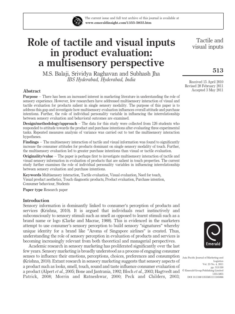 Role of Tactile and Visual Inputs | PDF | Somatosensory System | Perception