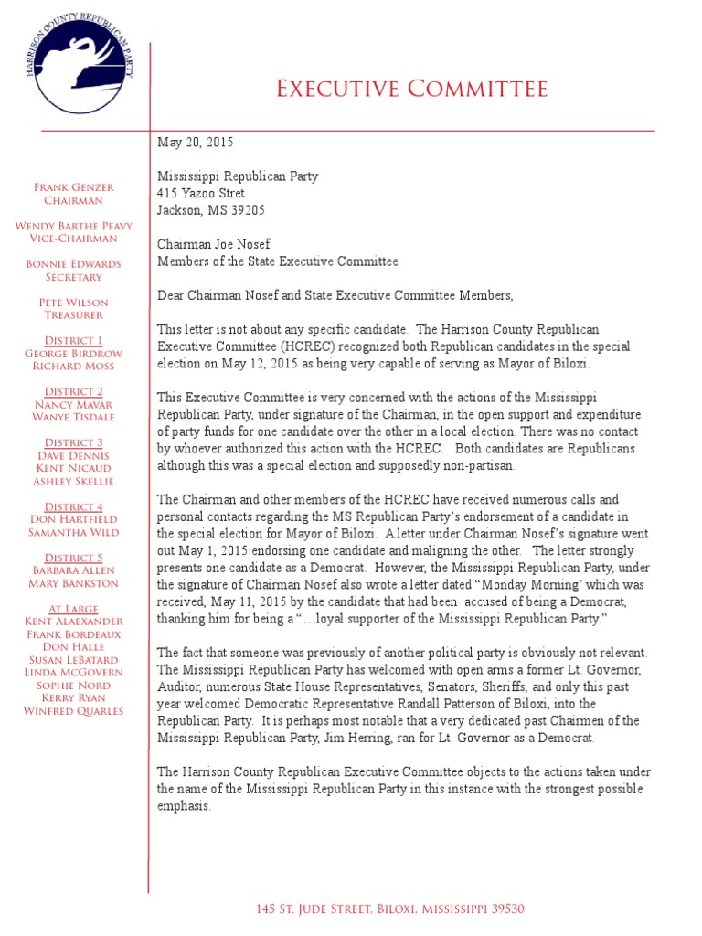 Harrison County Republican Executive Committee Letter To State Party ...