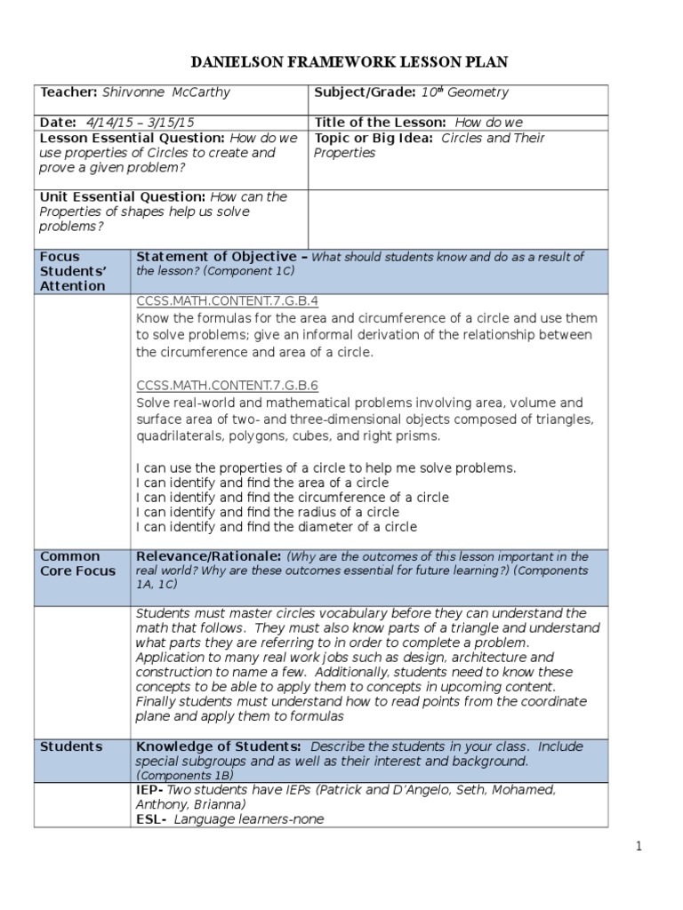 CD Lesson Plan Circles Area and Circumference | PDF | Area | Circle