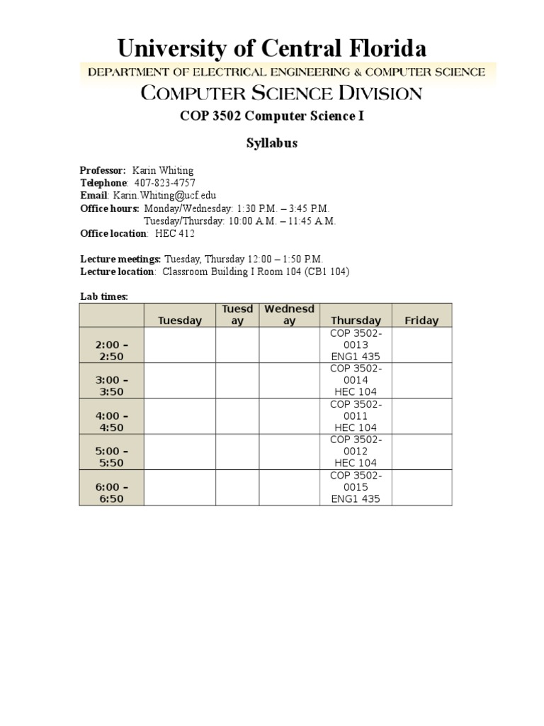Syllabus For Cop 3502 Computer Science I An Introduction To Algorithm 0478