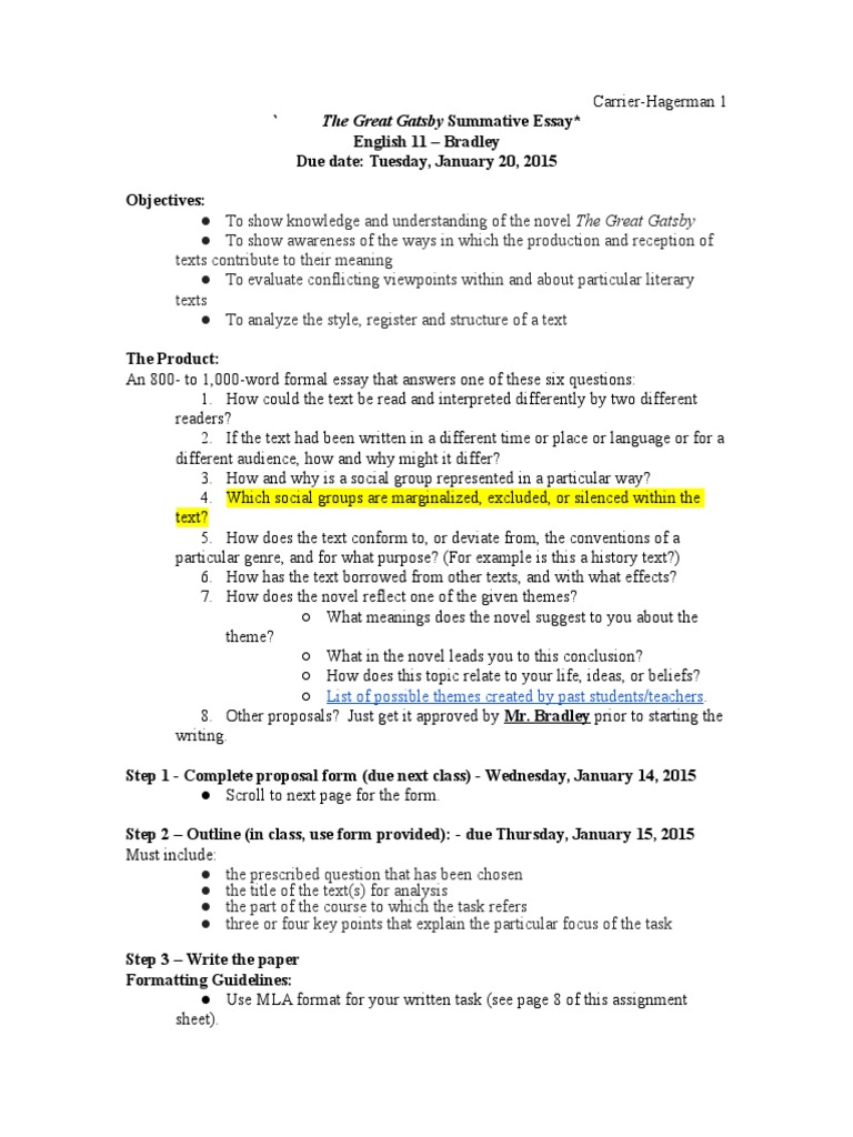 Great Gatsby Essay Guidelines and Topics | PDF | The Great Gatsby | Essays