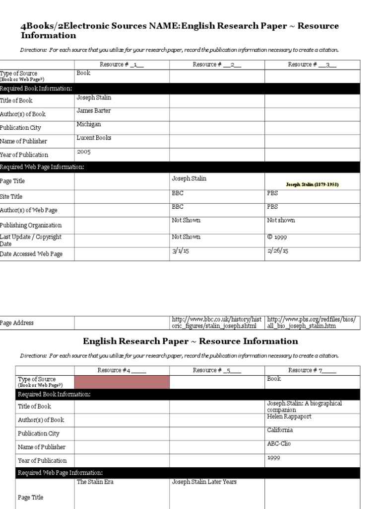 4Books/2Electronic Sources NAME:English Research Paper Resource ...