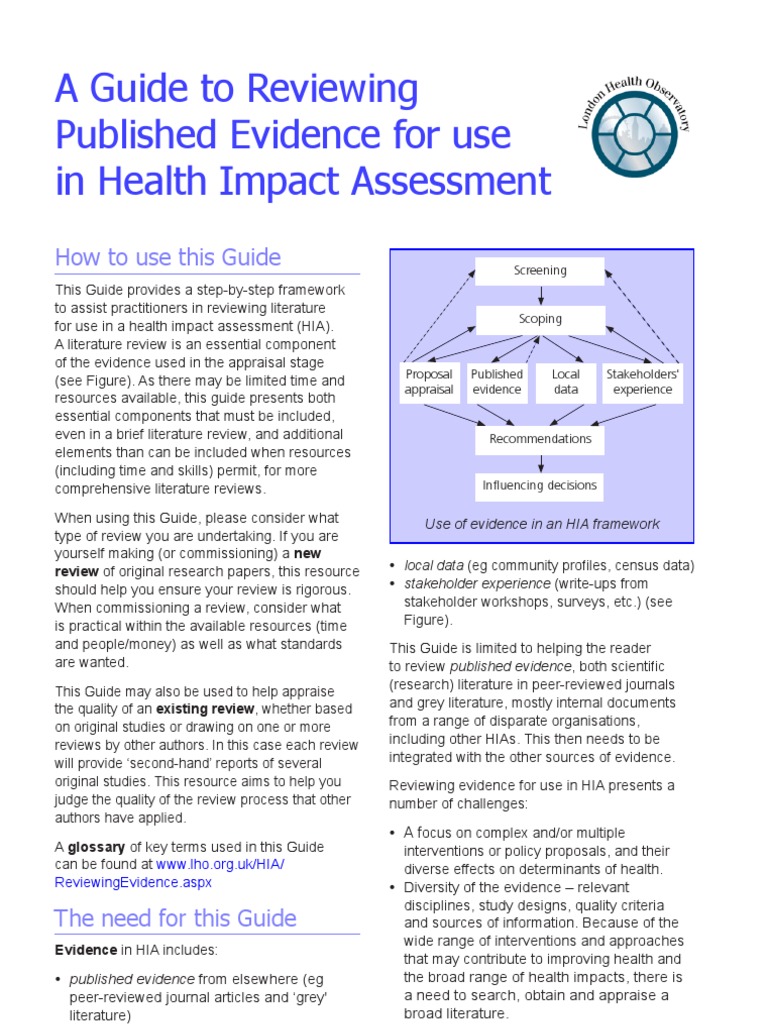 Guide To Reviewing Published Evidence For Use in HIA - LHO England ...