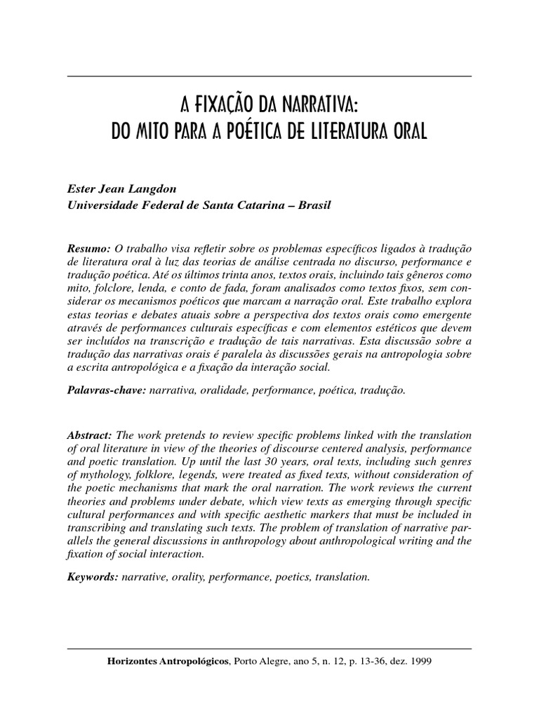 Esther Jean Langdon - A Fixação Da Narrativa - Do Mito para A Poética ...