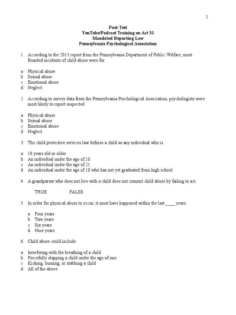 Act 31 Child Abuse Reporting Quiz | PDF | Child Abuse | Child Neglect