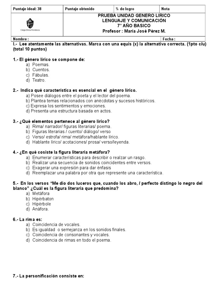 Prueba Genero Lirico 7º Basico