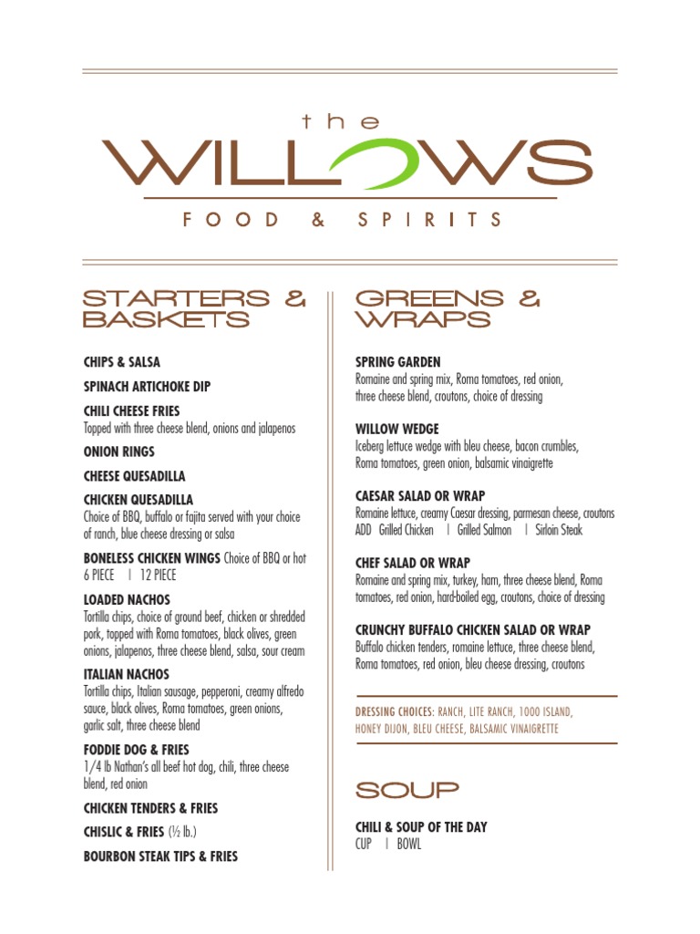 Willows Menu | PDF | Salad | Hamburgers