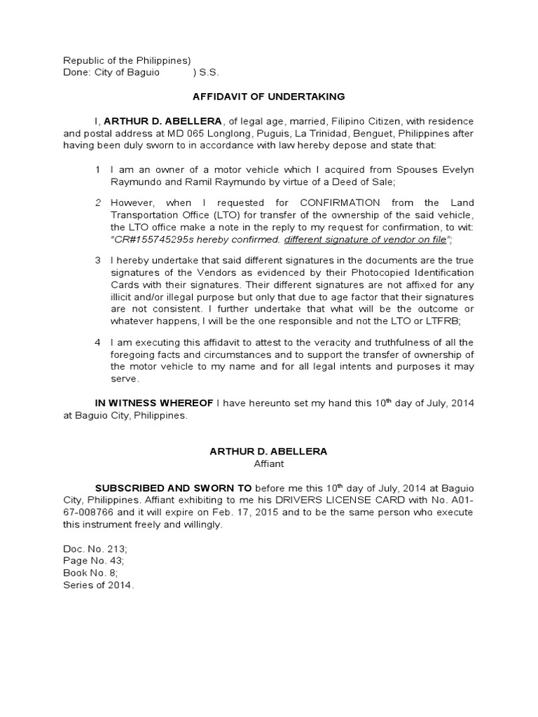 Undertaking-Motor Vehicle Diff. Signatures-Abellera | PDF | Social Science