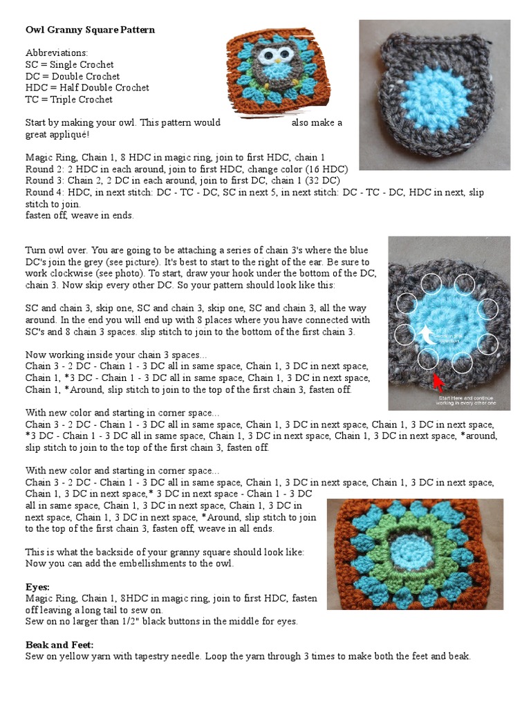 Owl Granny Square Pattern | PDF | Sewing | Textile Arts