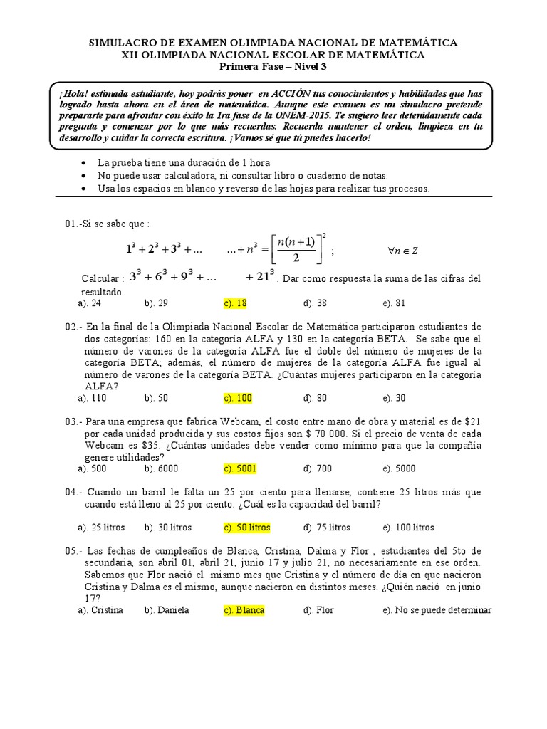 Simulacro ONEM 2015 1 Fase 3 Nivel | PDF | Triángulo | Enseñanza de matemática