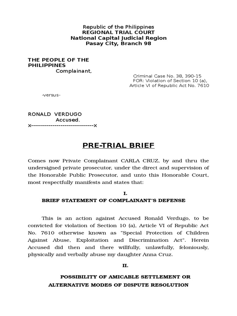 Pre-Trial Brief (Anna Cruz) | PDF | Prosecutor | Social Institutions