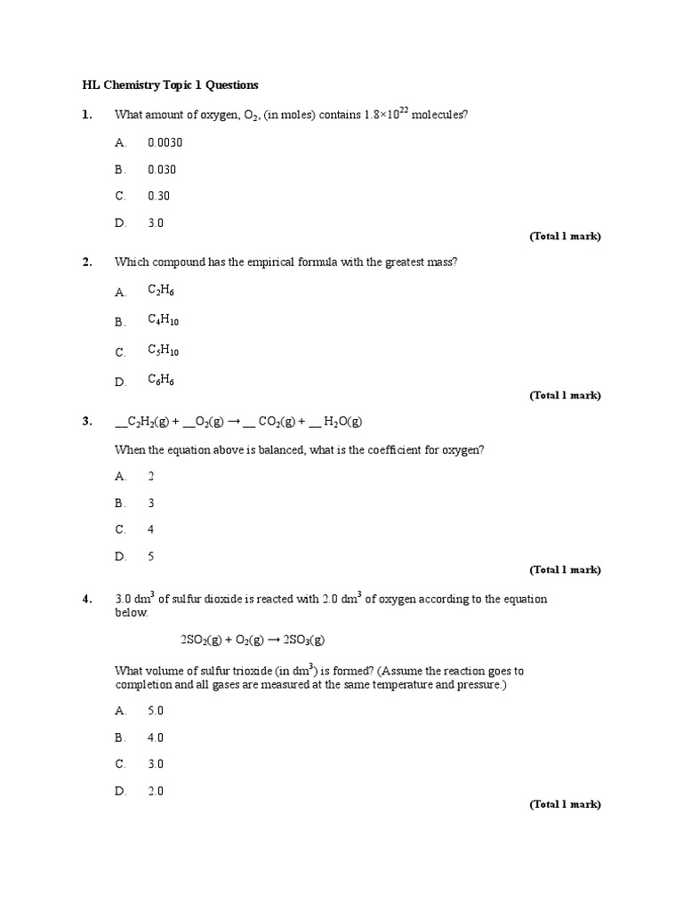 Chem Topic 1 Questions | PDF | Mole (Unit) | Sodium Hydroxide