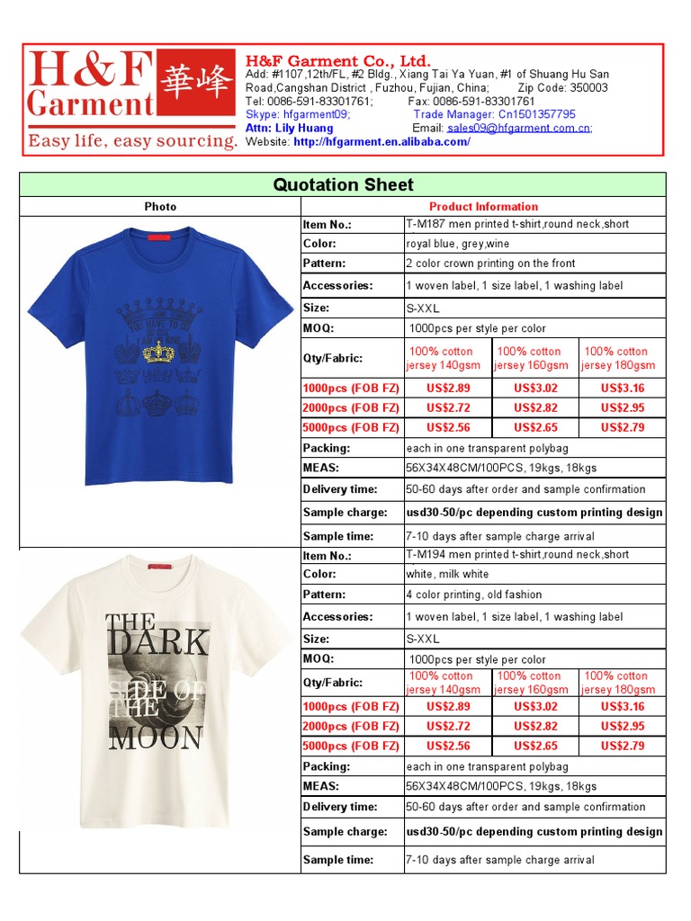 Men’s Printed T-Shirt Quotation Sheet | PDF | T Shirt | Cultural Trends