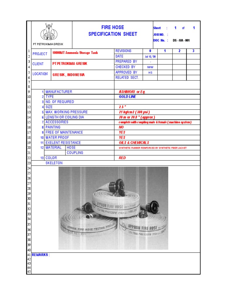 Fire Hose Specification Sheet: Gresik, Indonesia | PDF | Building ...