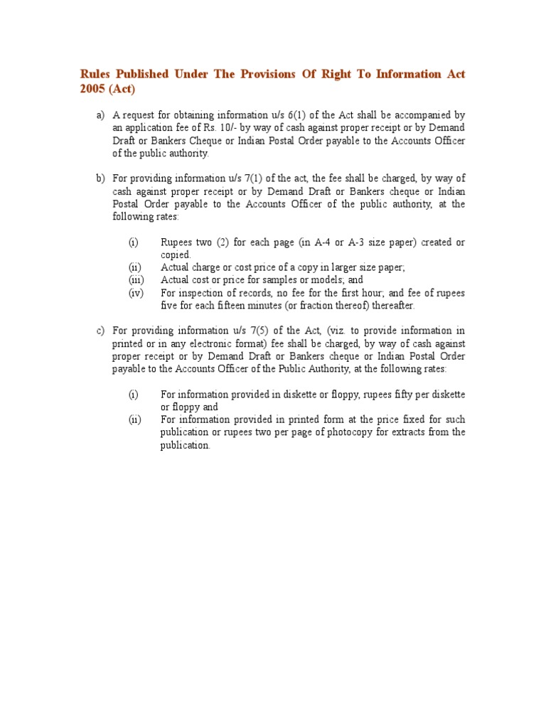 RTI Act 2005 Information Request Fees | PDF