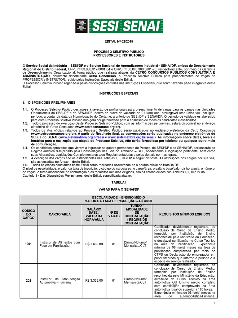 Edital Para Professor Do Sesi-Senai | Diploma | Expediente