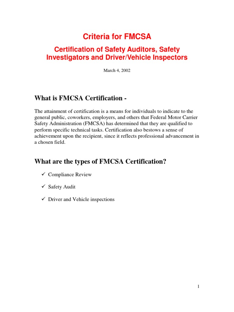 Criteria for FMCSA inspectors | Certification | Regulatory Compliance