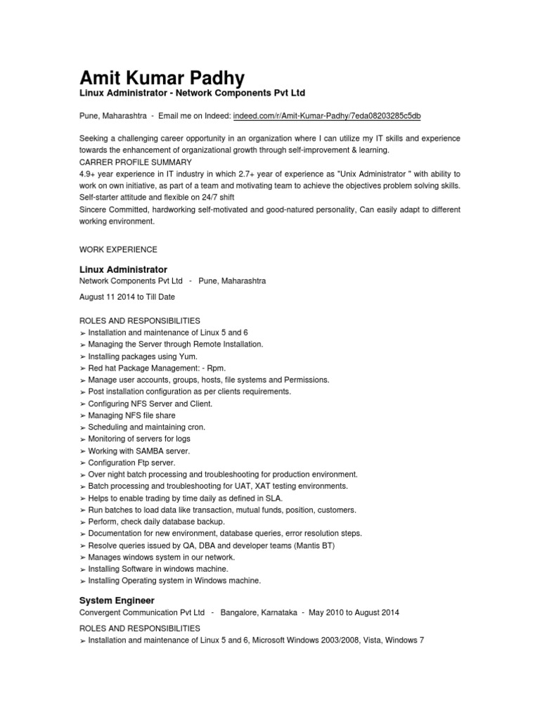 Linux Sample Resume | Linux | File System