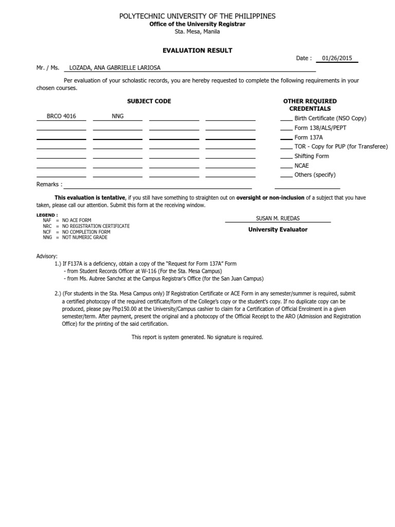 PUP Evaluation Result for Ana Lozada | PDF