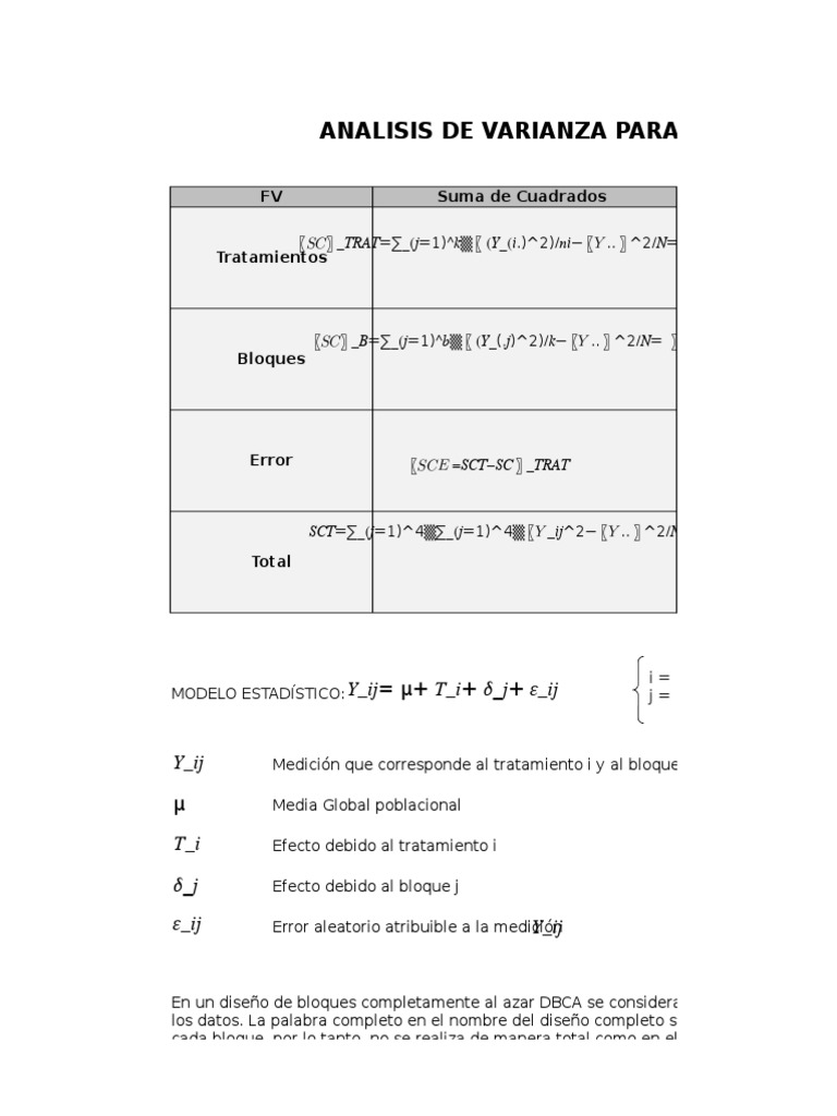 Analisis de Varianza Para Un Diseño de Bloques Completamente Al Azar | Análisis de la varianza ...