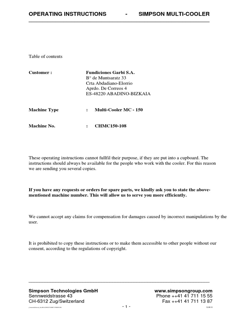 Operating Manual Multi-Cooler Simpson | PDF | Belt (Mechanical ...