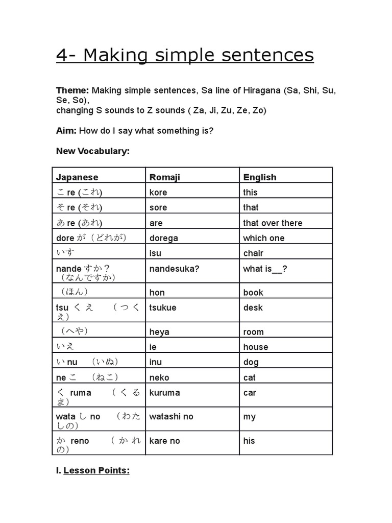 Theme: Making Simple Sentences, Sa Line of Hiragana (Sa, Shi, Su | PDF ...