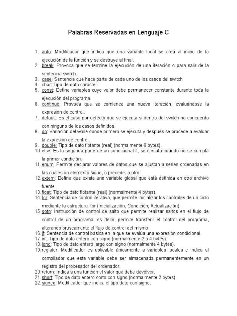 Palabras Reservadas en Lenguaje C | Flujo de control | Programa de ...