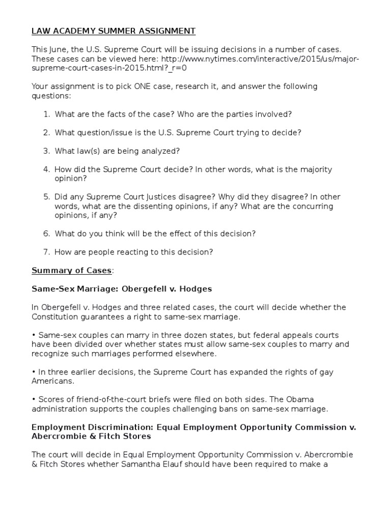 Supreme Court Case Research Assignment | PDF | Obergefell V. Hodges ...