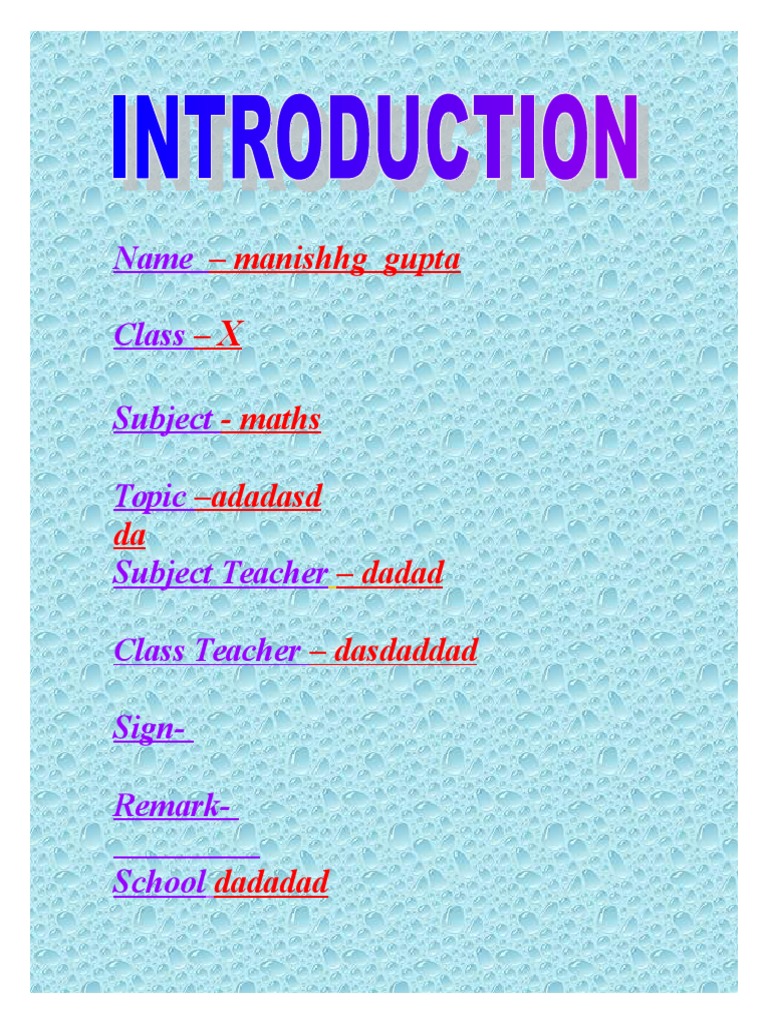 Name Class Subject Topic Subject Teacher Class Teacher Sign-Remark ...