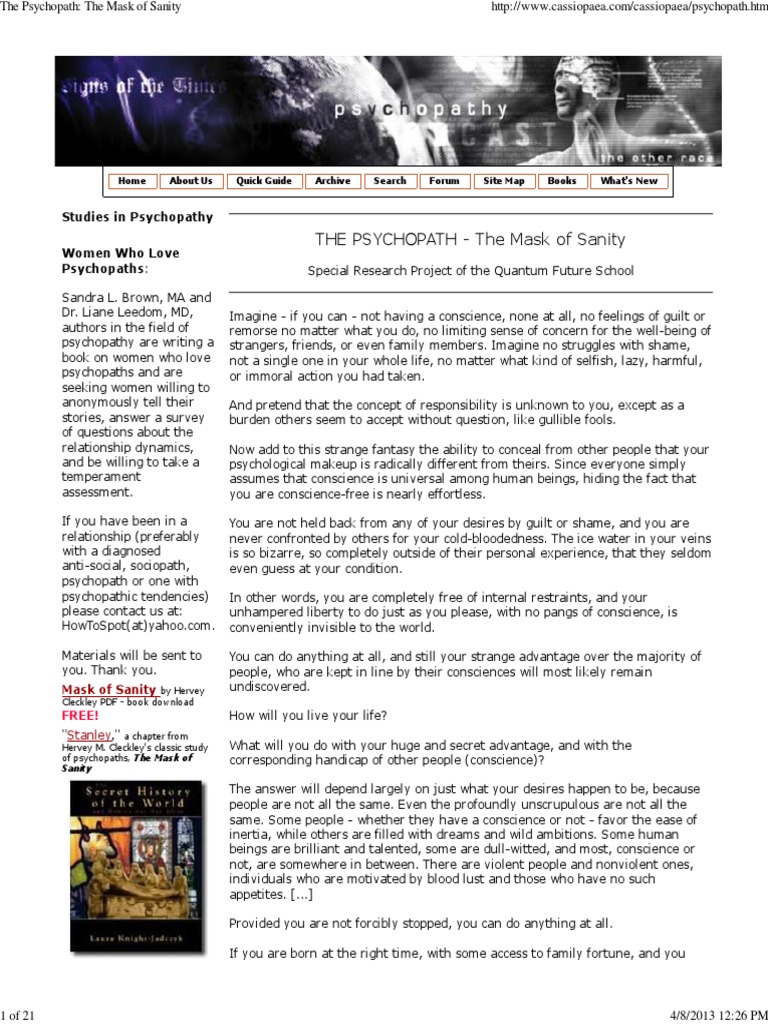 The Psychopath - The Mask of Sanity | PDF | Psychopathy | Antisocial ...