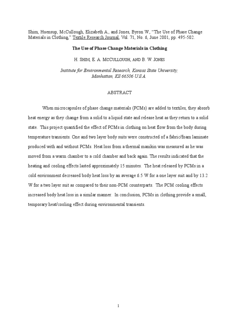 The Use of Phase Change Materials in Clothing | PDF | Thermal ...