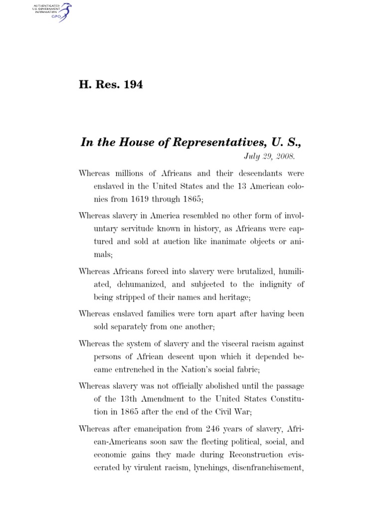 U.S. Apology for Slavery and Jim Crow | PDF