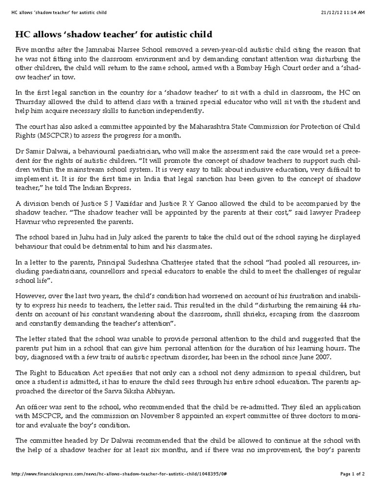 HC Allows Shadow Teacher' For Autistic Child | PDF | Inclusion ...