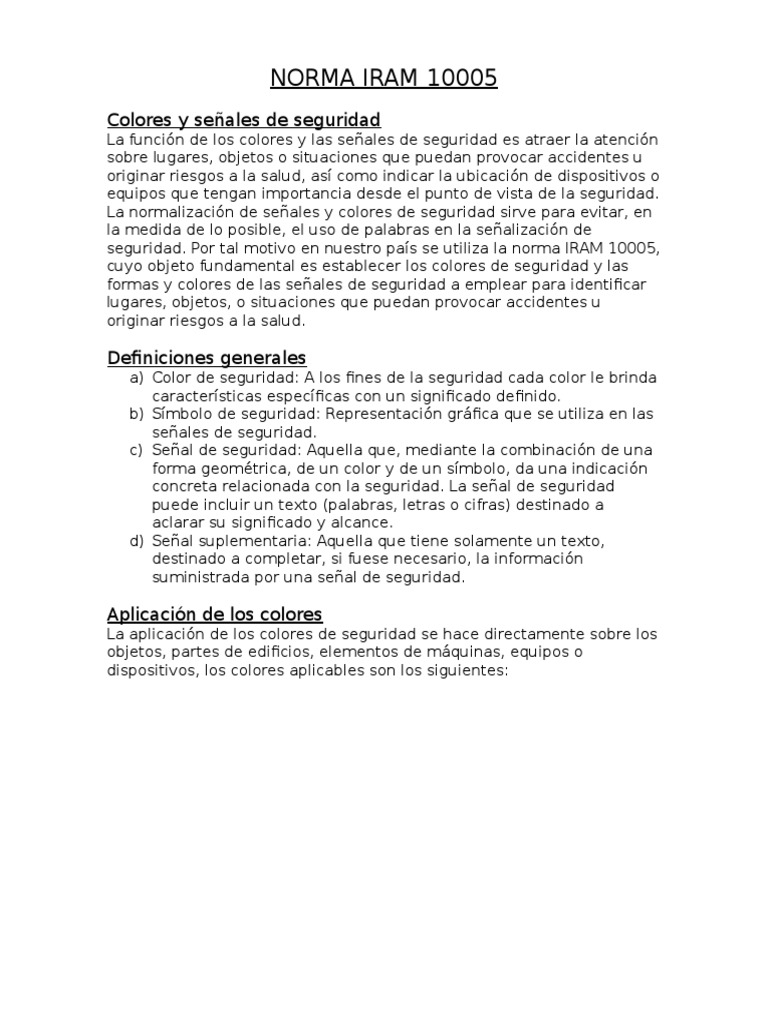 Colores y señales de seguridad IRAM 10005 | PDF | Color | Función ...