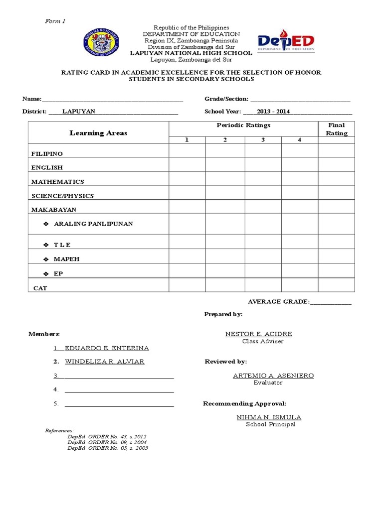 Learning Areas: Periodic Ratings Final Rating | PDF | Secondary School ...