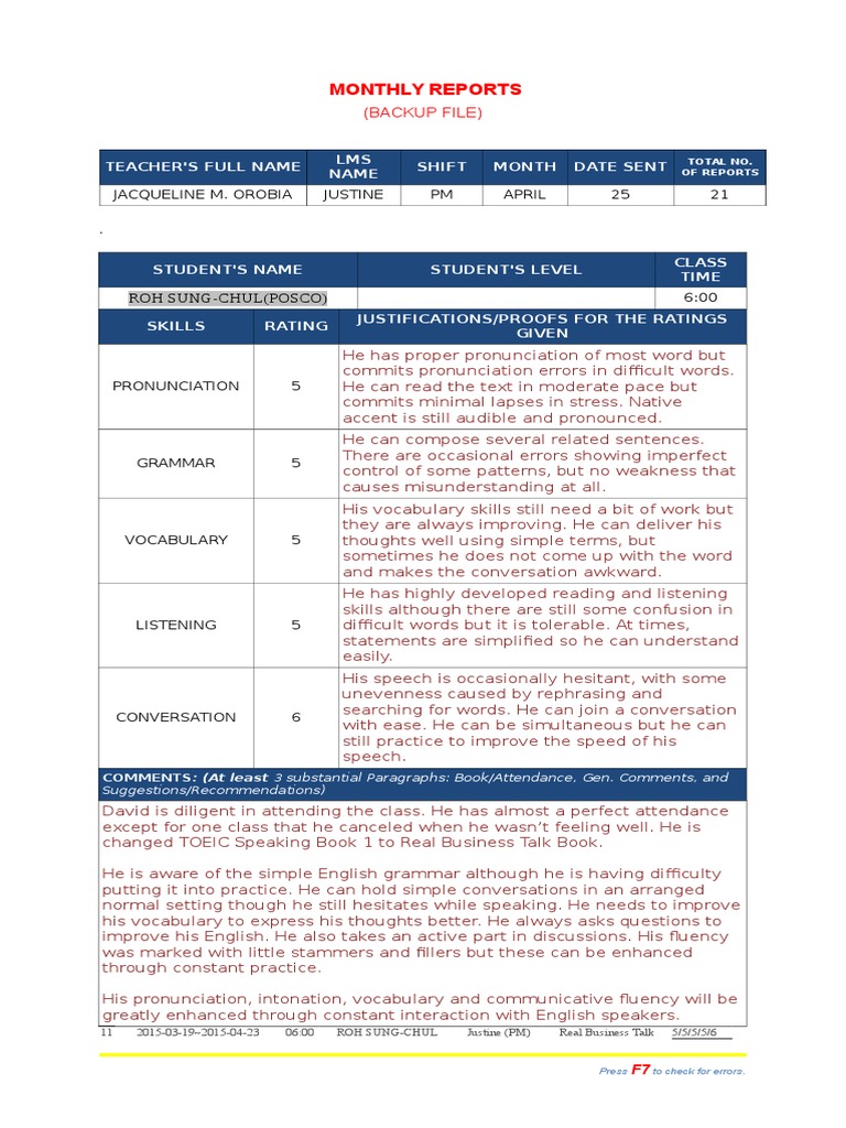 Monthly Student Progress Reports | PDF | English Language | English Grammar