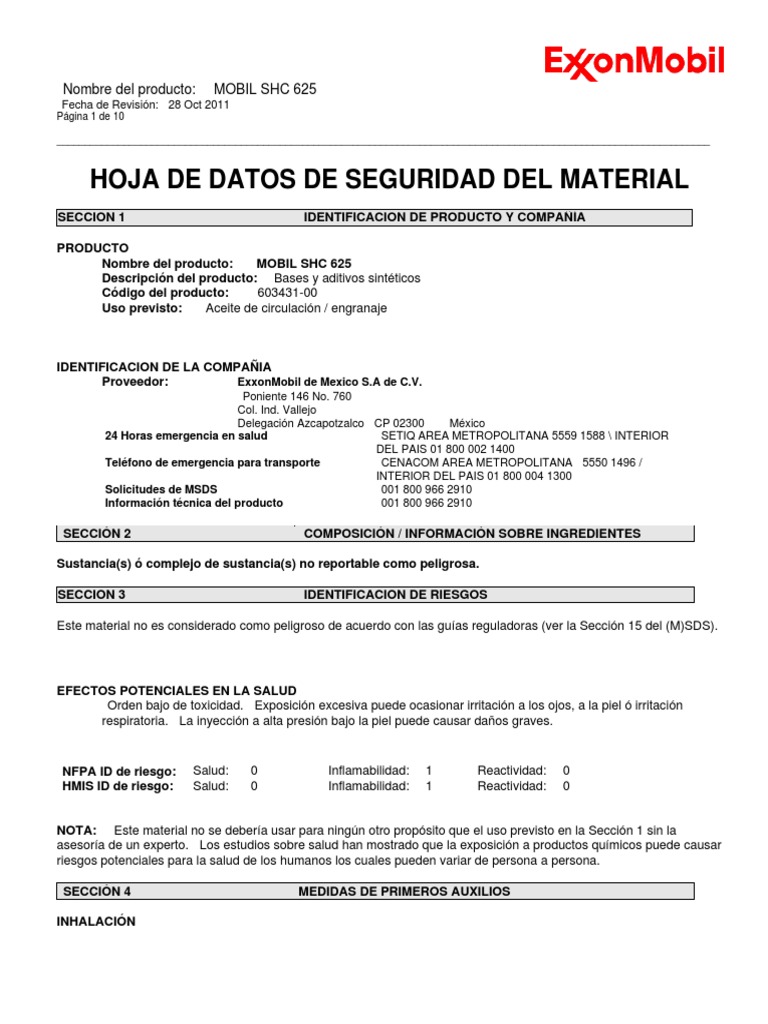 Msds-Mobil SHC 625 | PDF | Descarga electrostática | Guante